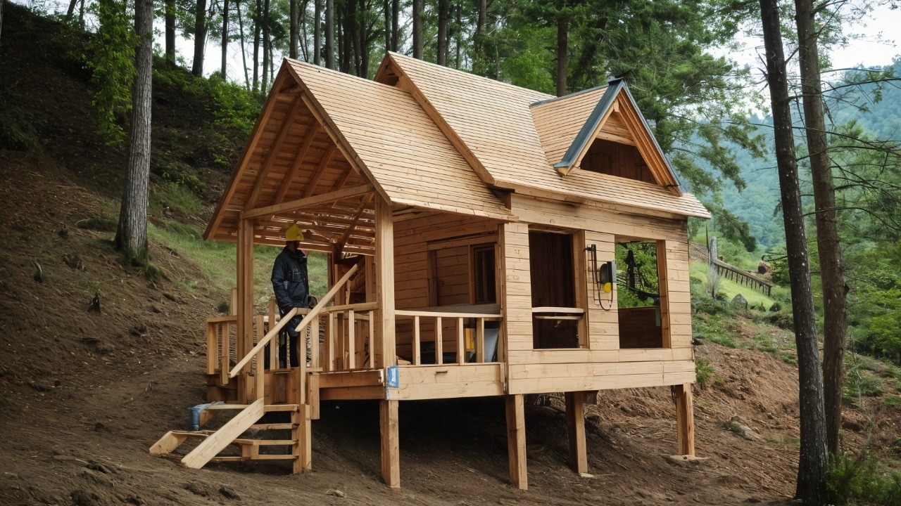 A man builds an amazing house in a forest on a slope + built a warm ...