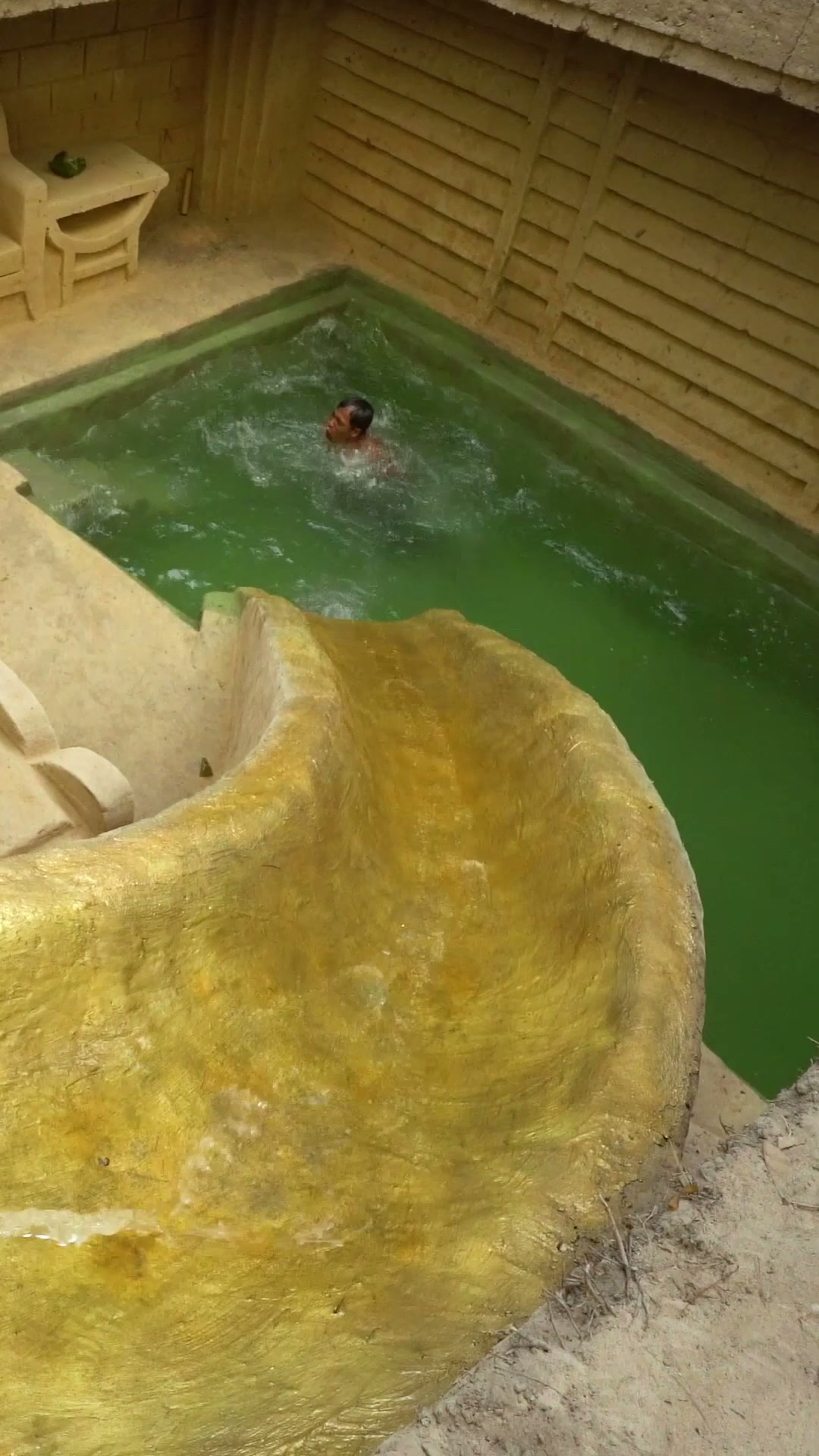 Building Underground Water Slide Room, flow water to the swimming pool end