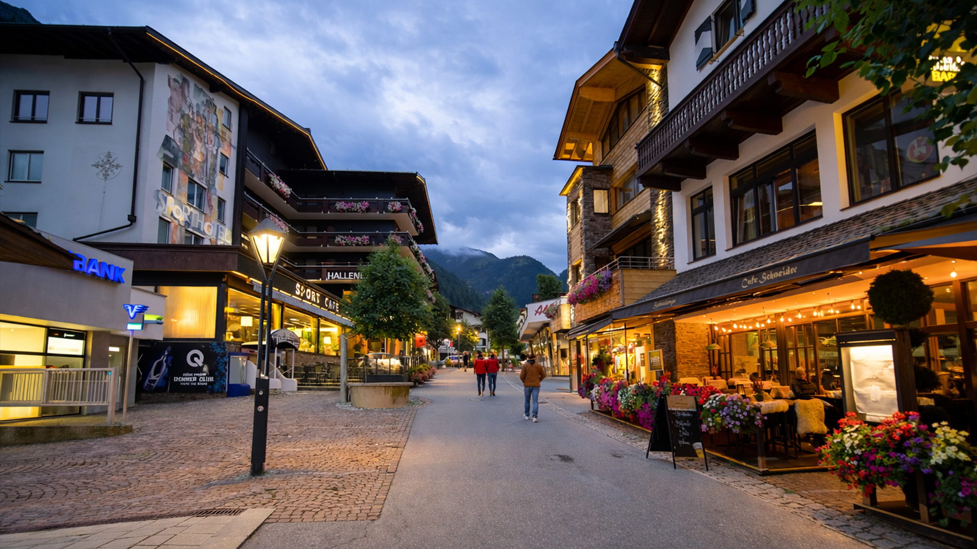 Paseando por Sankt Anton am Arlberg, Austria, al atardecer (4K)