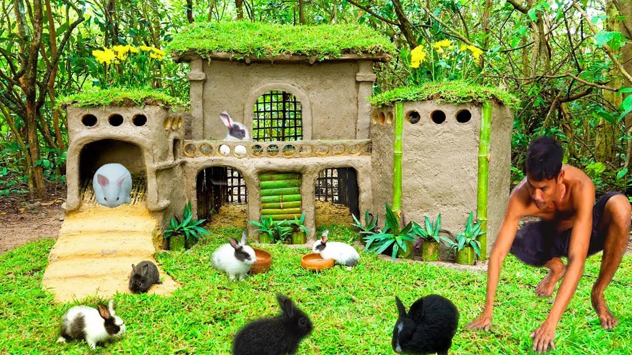 Create a unique rabbit house in the forest using bamboo and mud, and ...