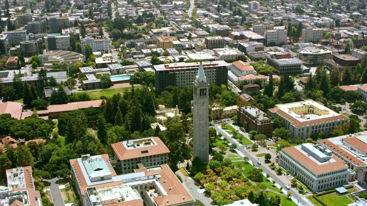 Berkeley, California: Drone views of Sather Tower and the university