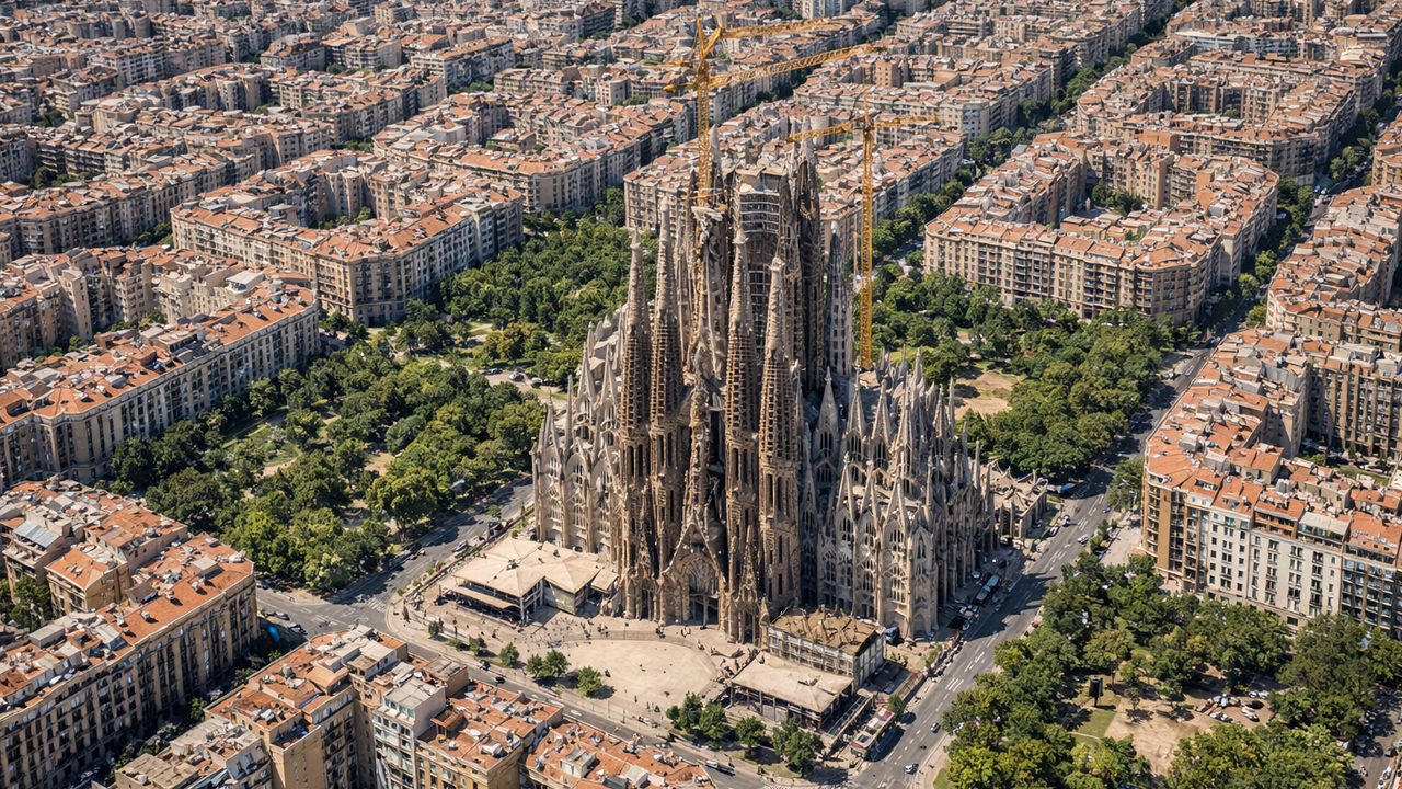 Sagrada Família and Barcelona grid from above