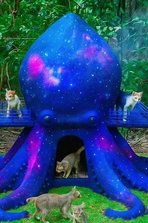 Watch what happens when cats discover a giant octopus!