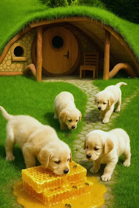 Cute puppies eat honey beeswax
