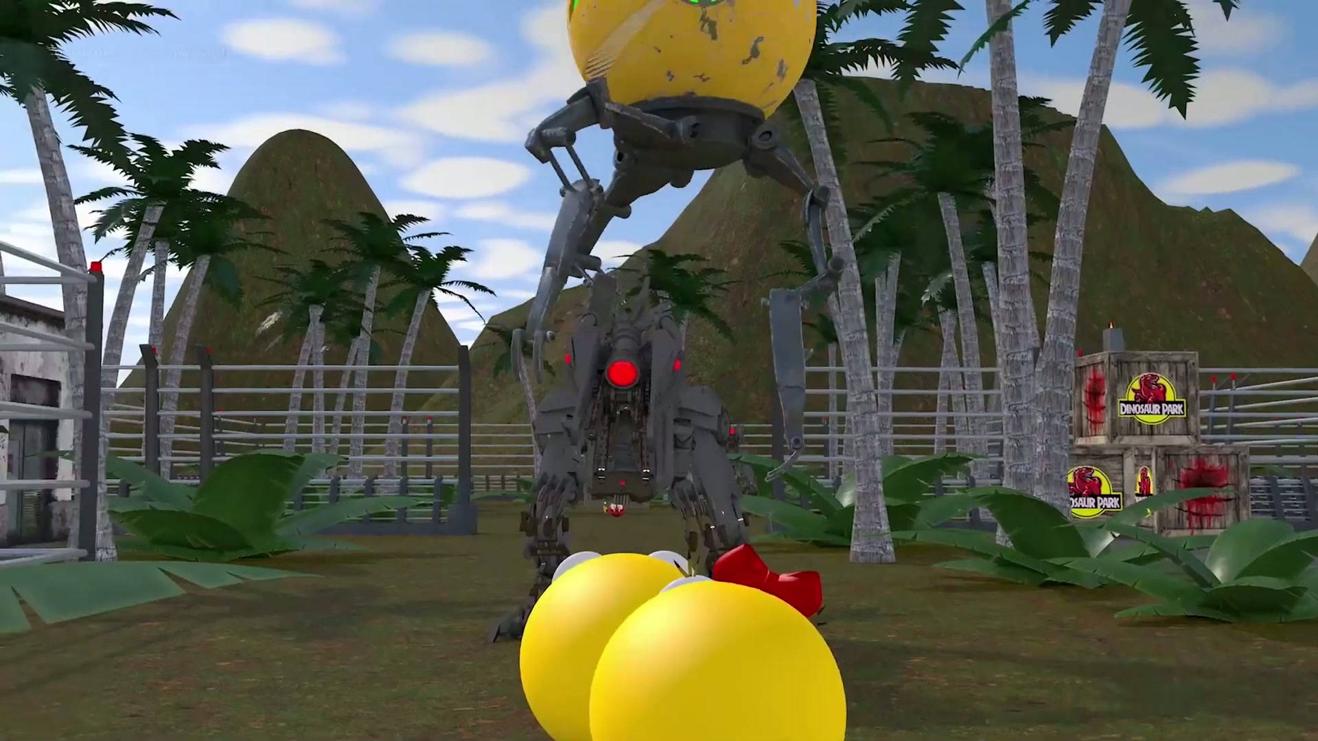 Pacman & two-legged flying robot Pacman vs bulldozer robot