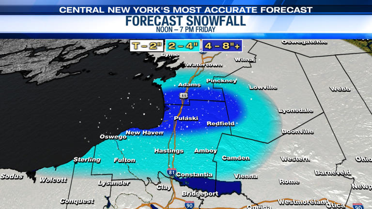 Turning colder, lake snow on the move south Friday afternoon