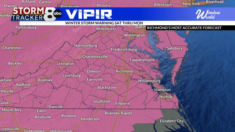 Winter storm warning issued for several central Virginia areas