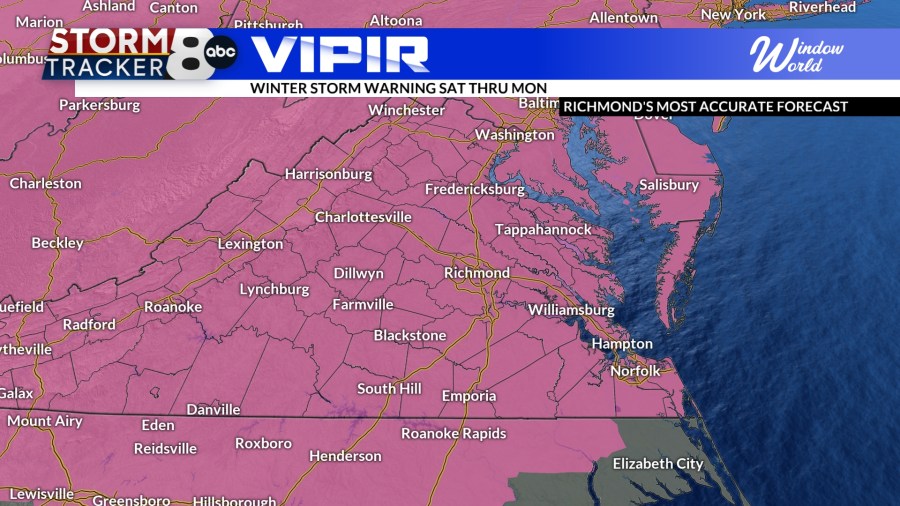 Winter storm warning issued for several central Virginia areas