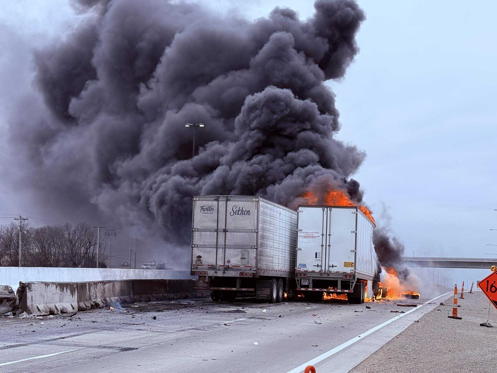 Fiery crash involving 2 semi-trucks shuts down Turner Turnpike