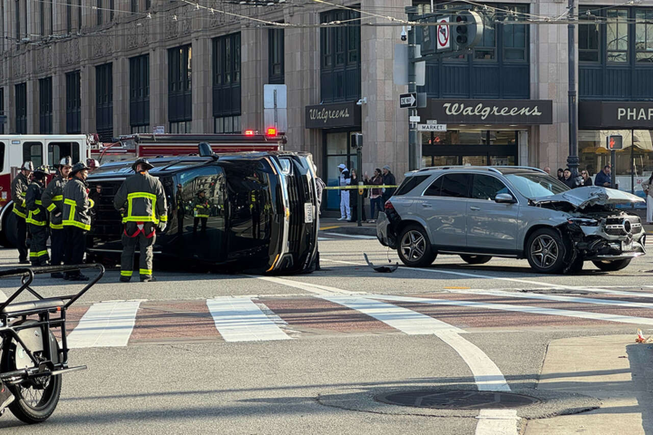 Car flips over in the middle of downtown San Francisco intersection