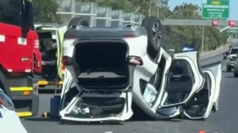 Car packed with eight teens hits Mercedes on freeway, flips it over