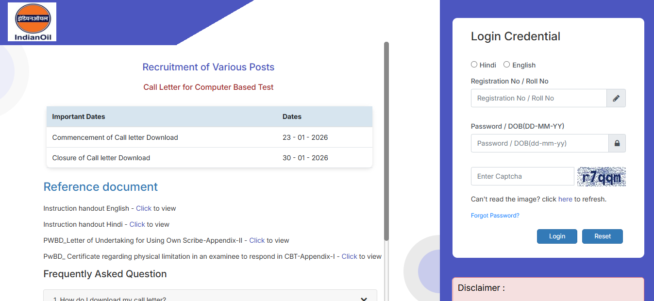 IOCL non executive personnel recruitment 2026: Admit card out, direct ...