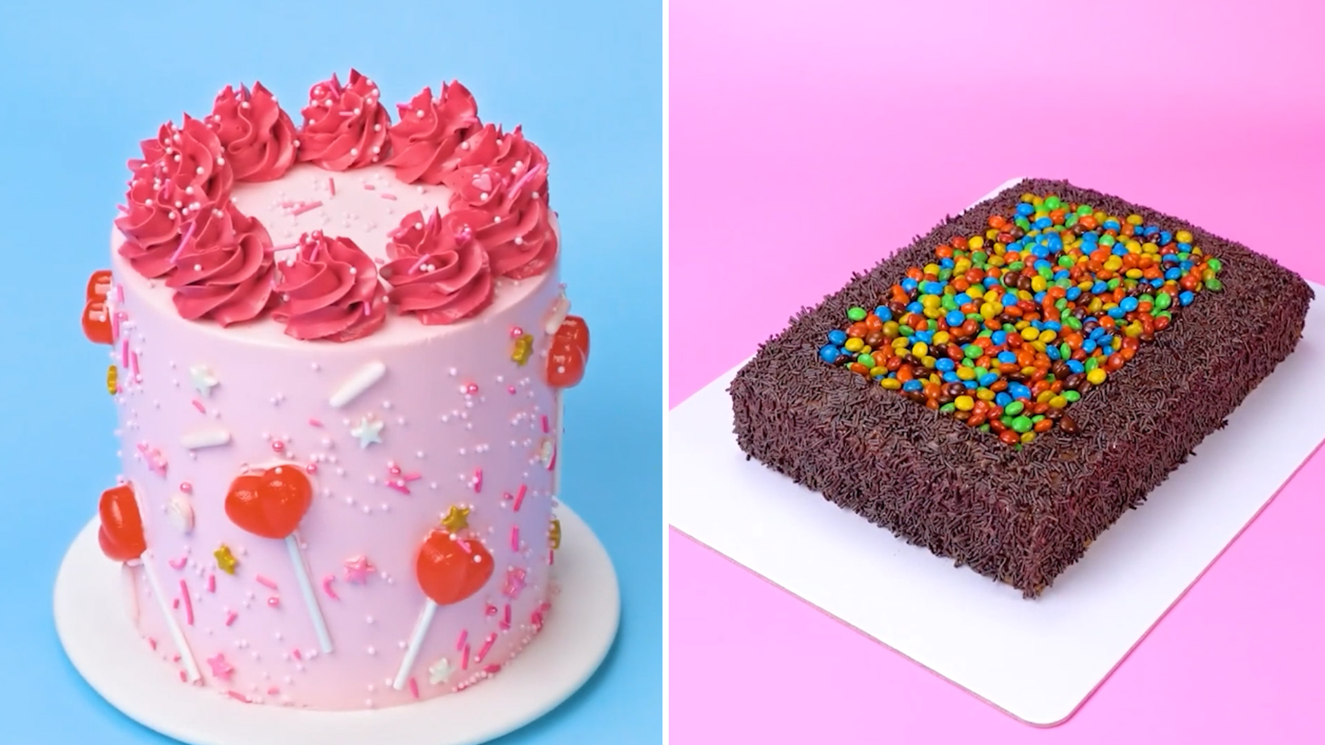 A candy pink cake with a candy chocolate cake
