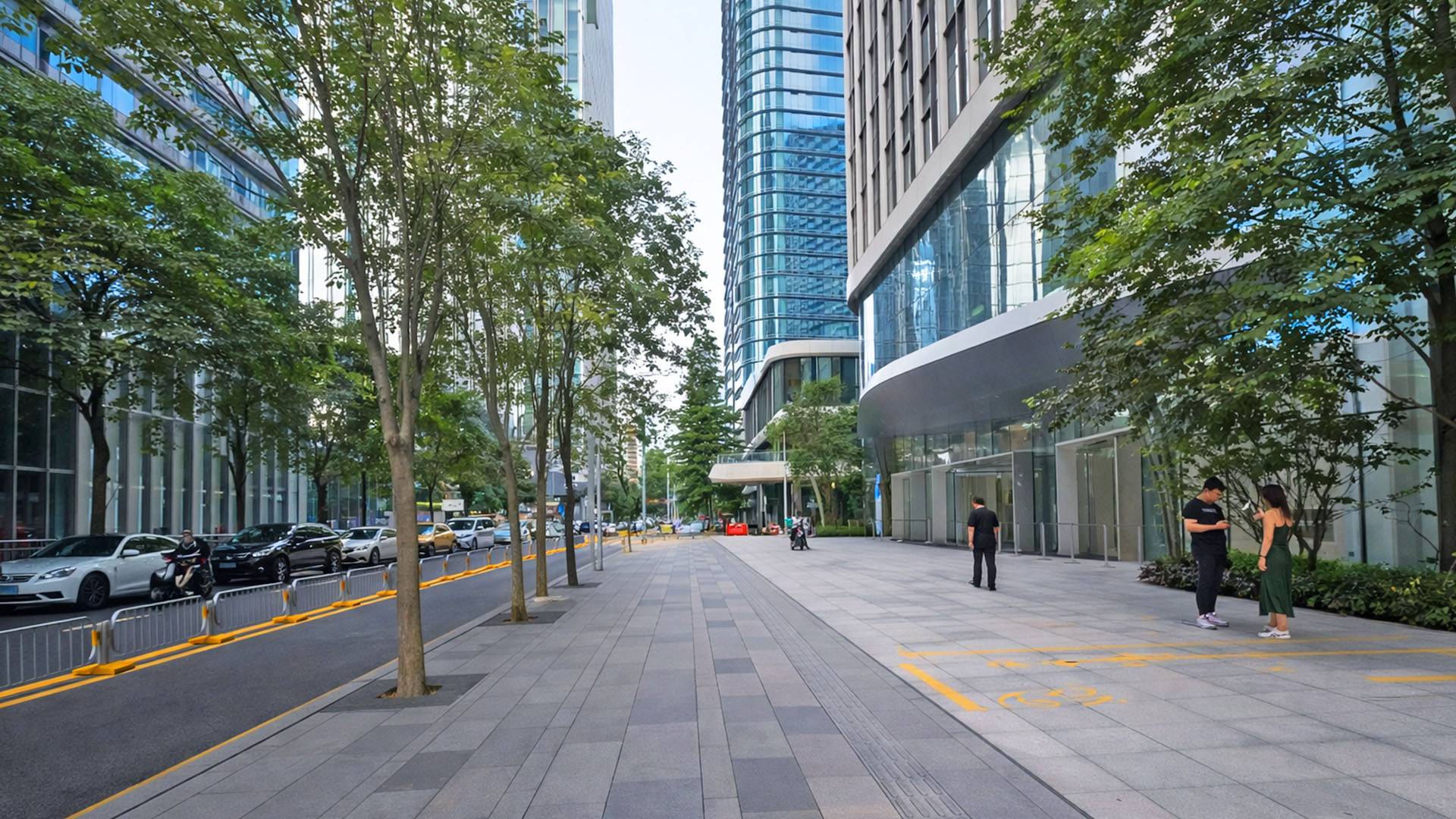 City walk beside towers in Shenzhen