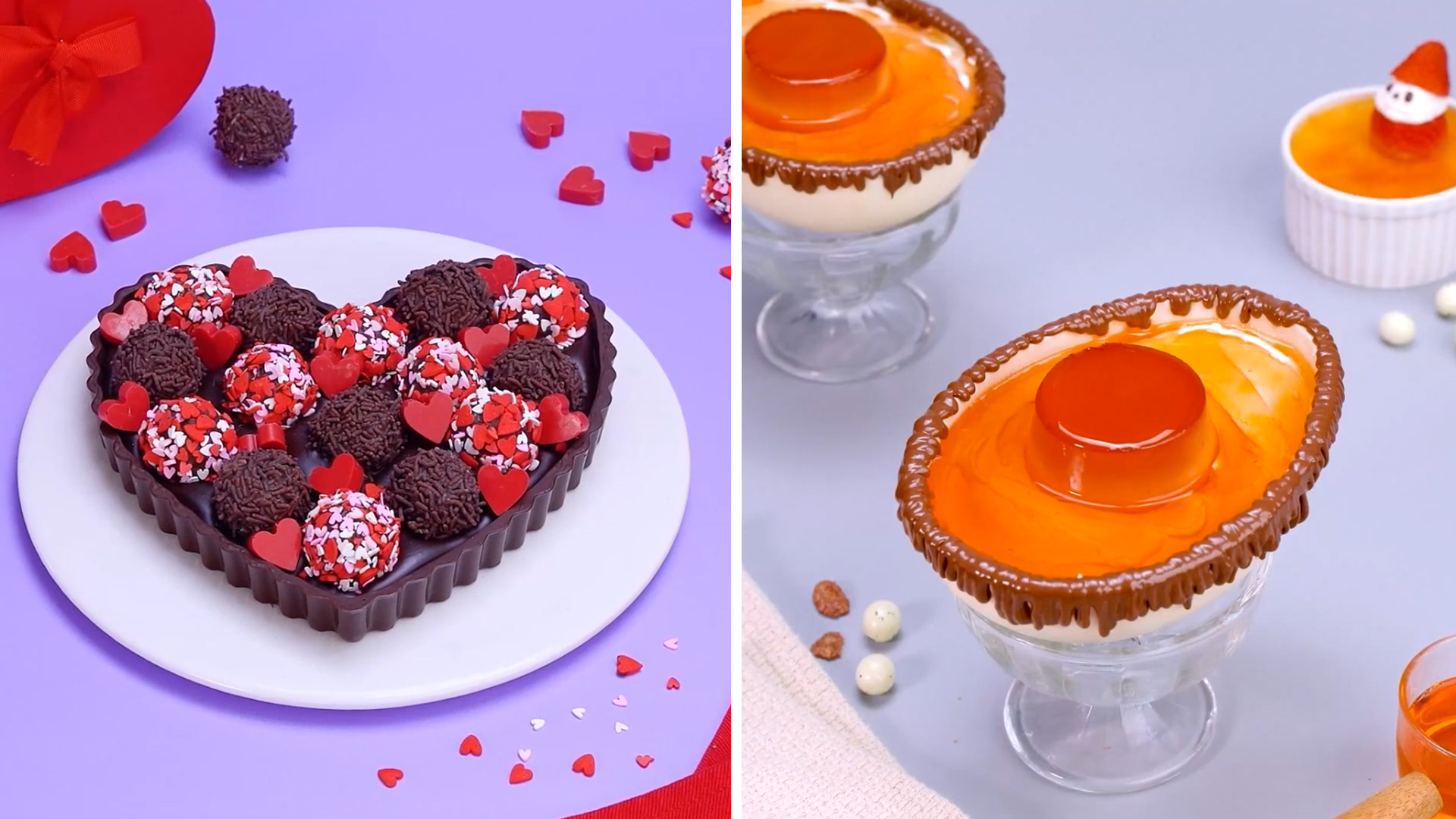 A chocolate heart next to a smooth caramel dessert