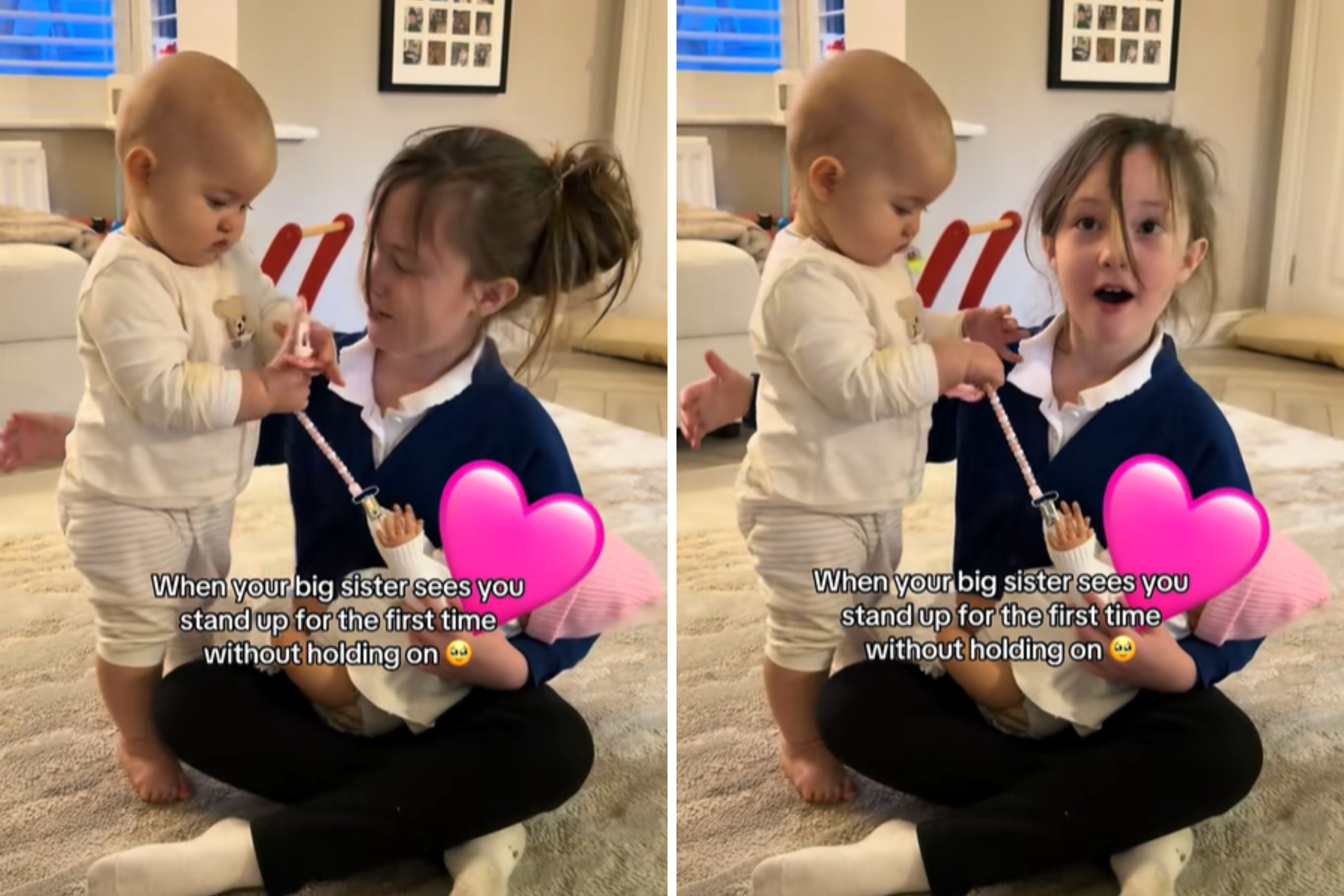 Girl sees baby brother stand for first time—mom stunned by reaction