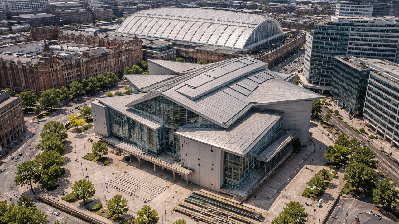 Glass and steel structure amid Manchester’s historic core