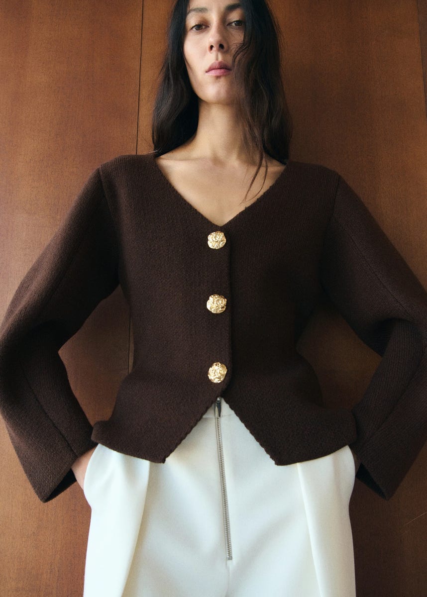 Mango's brown knitted jacket with gold buttons is the perfect statement ...