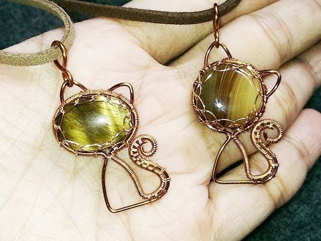 Cat pendant with no-hole stone - Wire wrapping stones 267