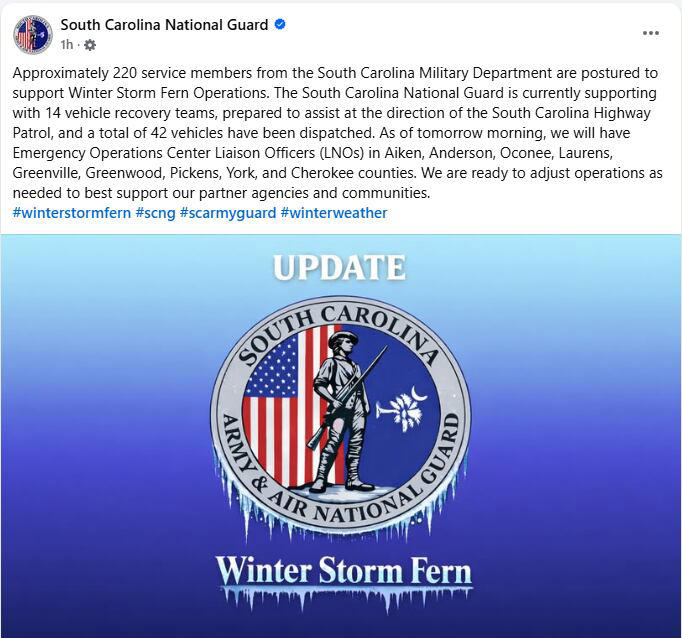 South Carolina National Guard gives deployment update ahead of winter storm