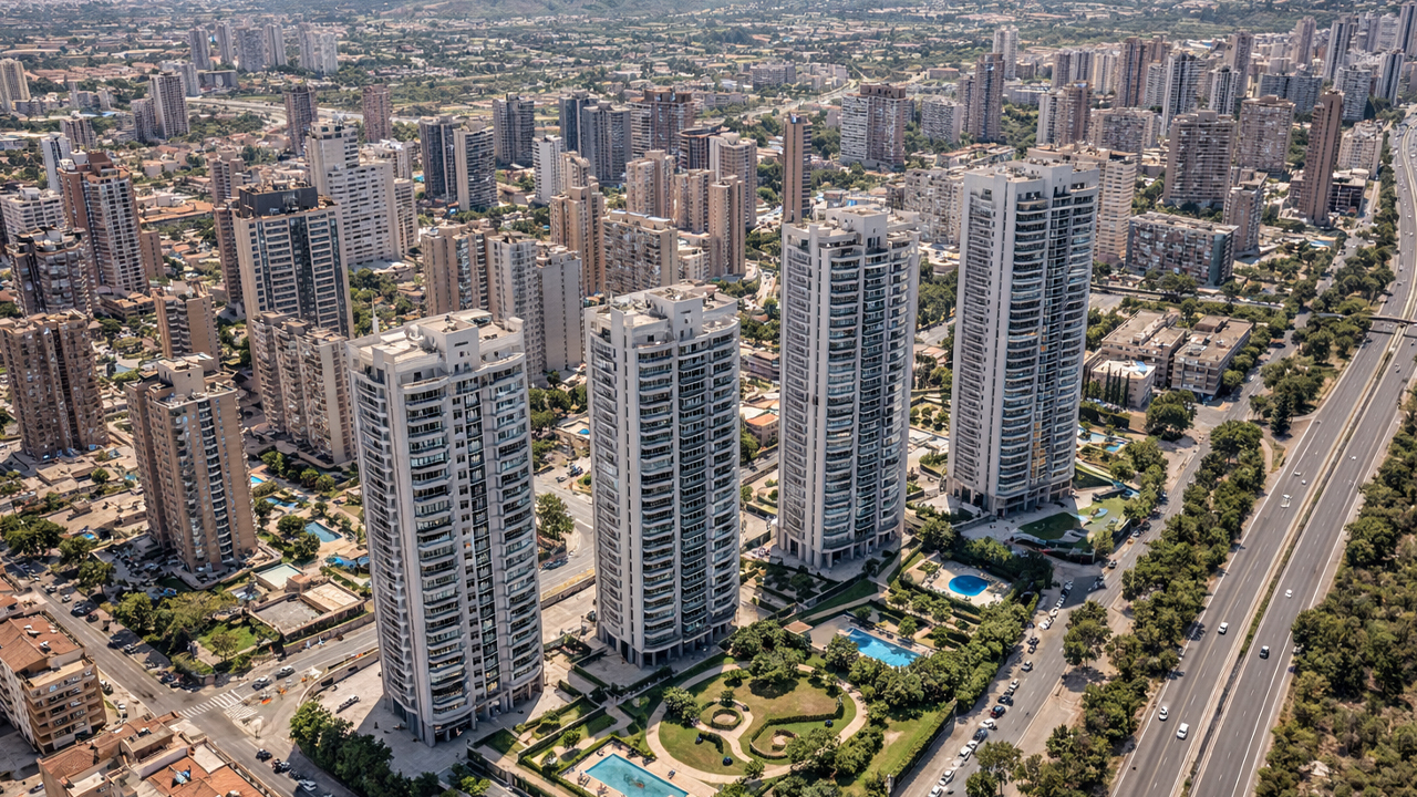 Coastal high-rise cluster and road network from above