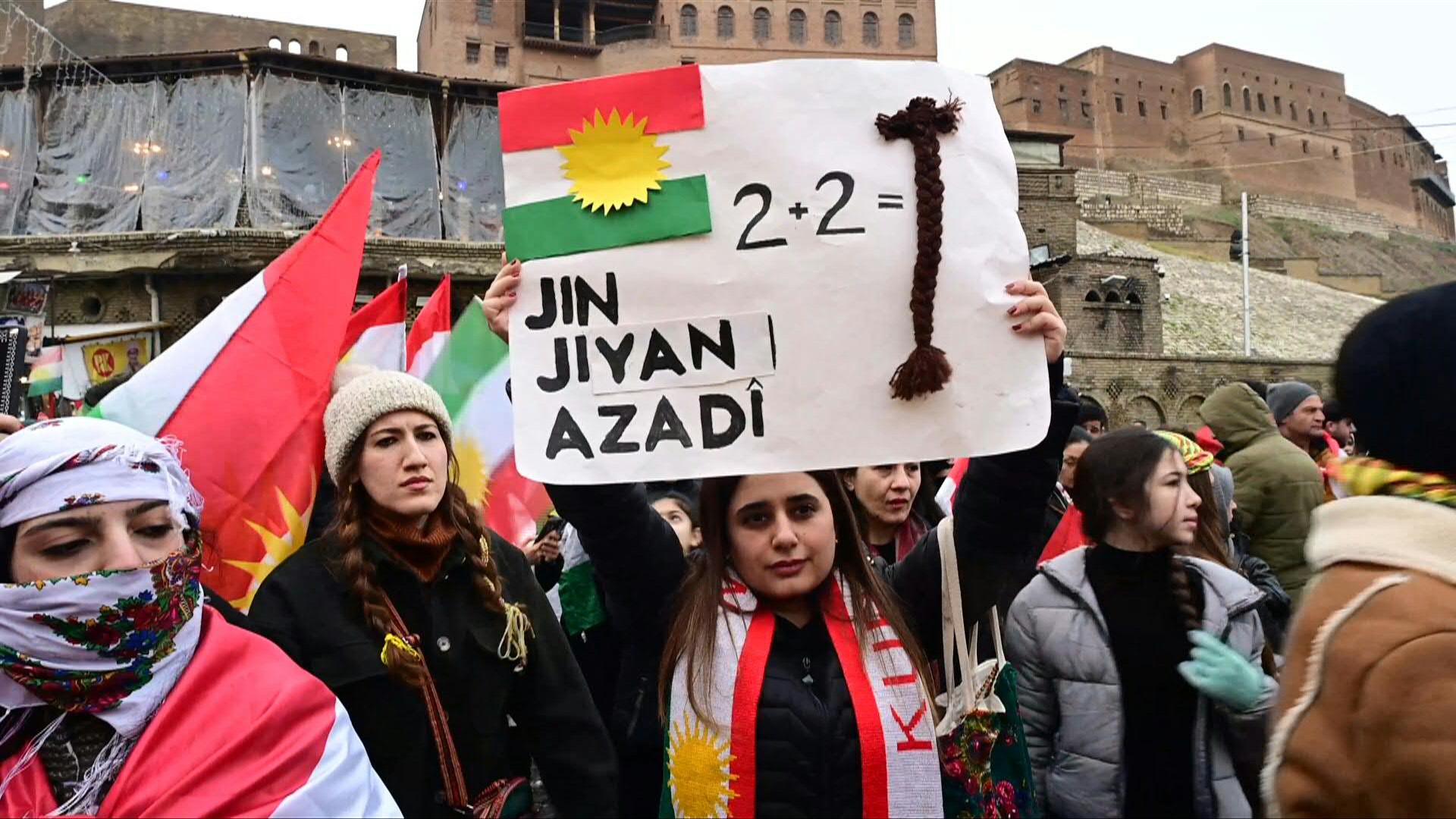 Iraqi Kurdish women braid hair at protest in solidarity with Syrian Kurds