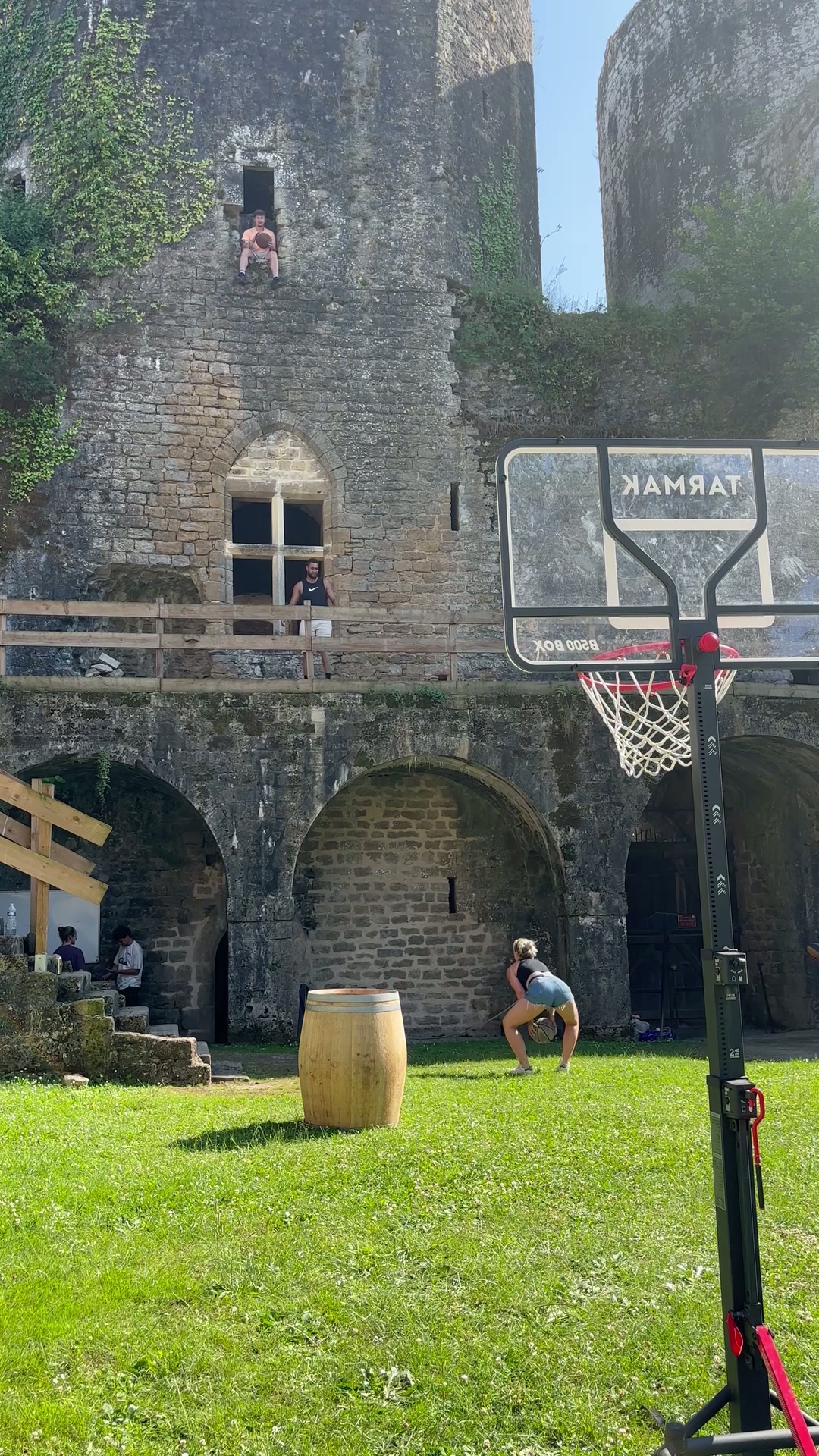 Basketball trickshot with a bounce at a historic stone castle
