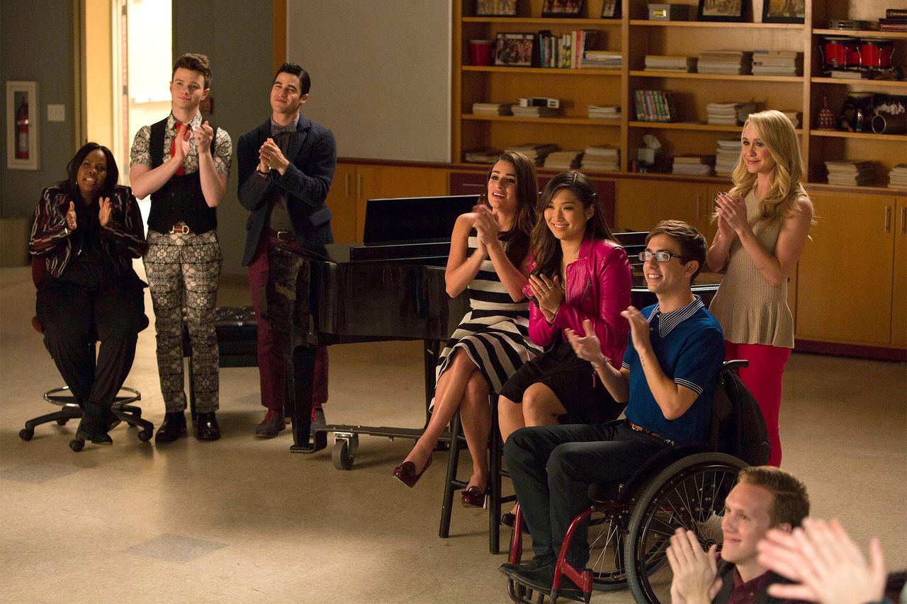 Glee costars reunite to visit Jonathan Groff at Just in Time on Broadway