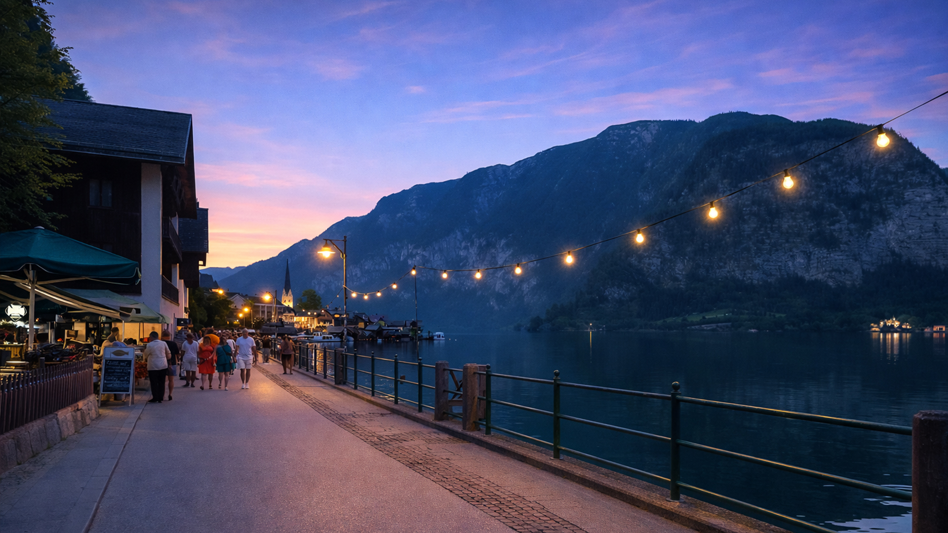 Evening walk in Hallstatt Austria scenic lakeside village (4K)