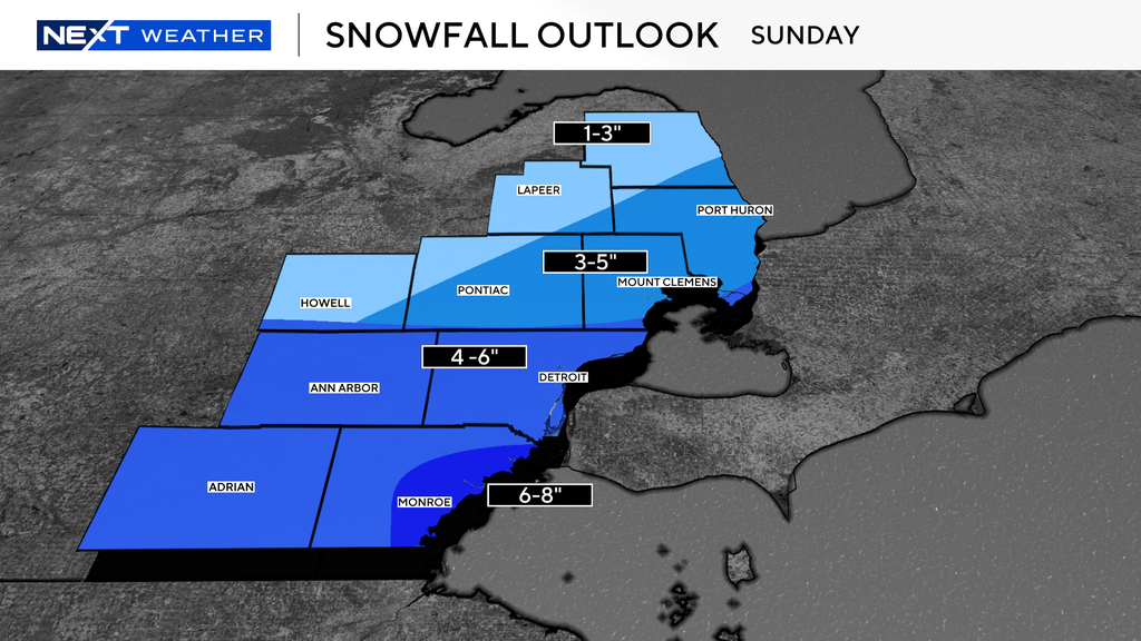 Projected snowfall totals for Sunday winter storm in Southeast Michigan