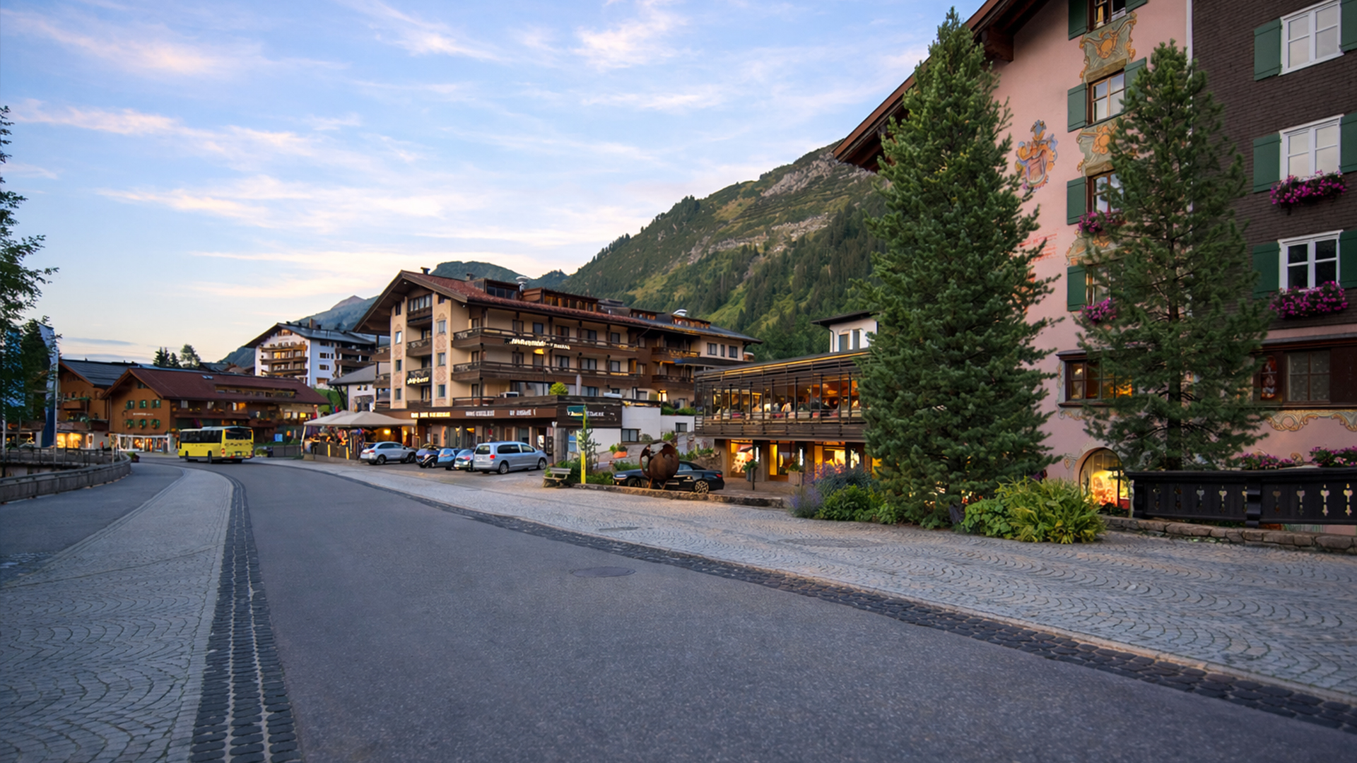 Evening walk in Lech Austria luxury alpine resort (4K)