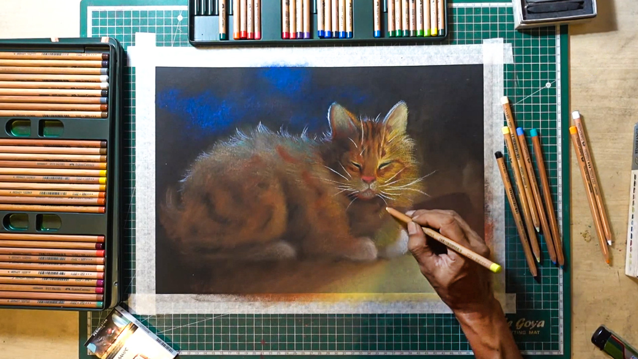 Soft pastel cat drawing tutorial on black paper with easy techniques