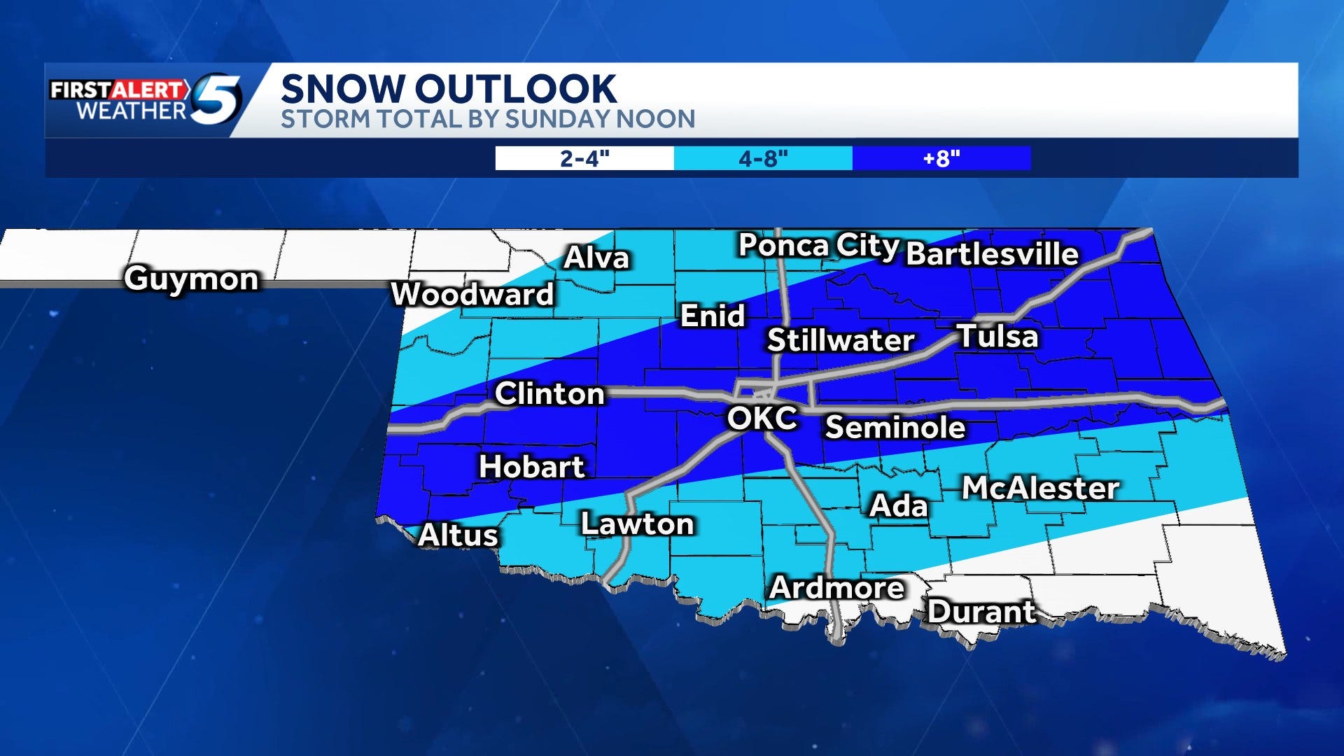 How much snow has already fallen during the winter storm in Oklahoma?