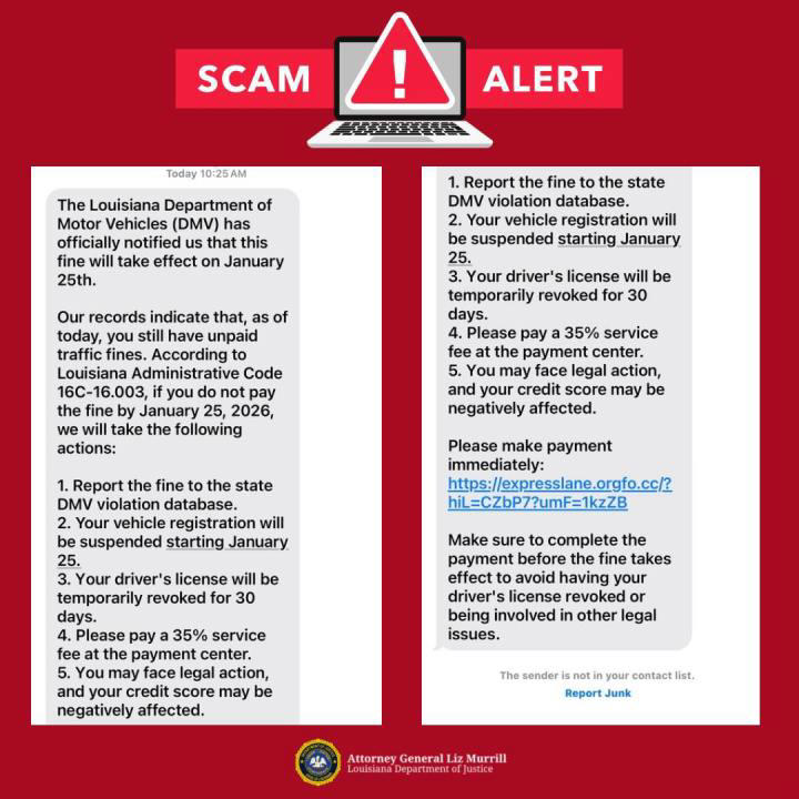 Louisiana Department of Motor Vehicles text scam alert