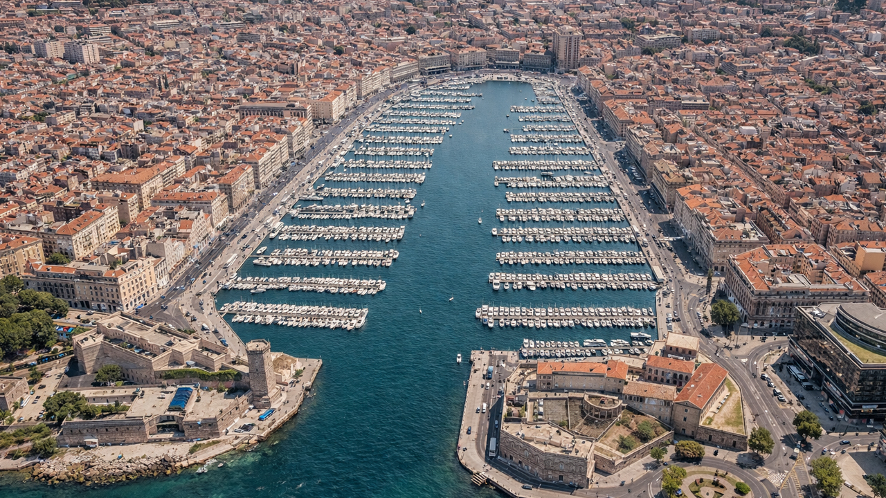 Urban coastline and yacht marina in southern France