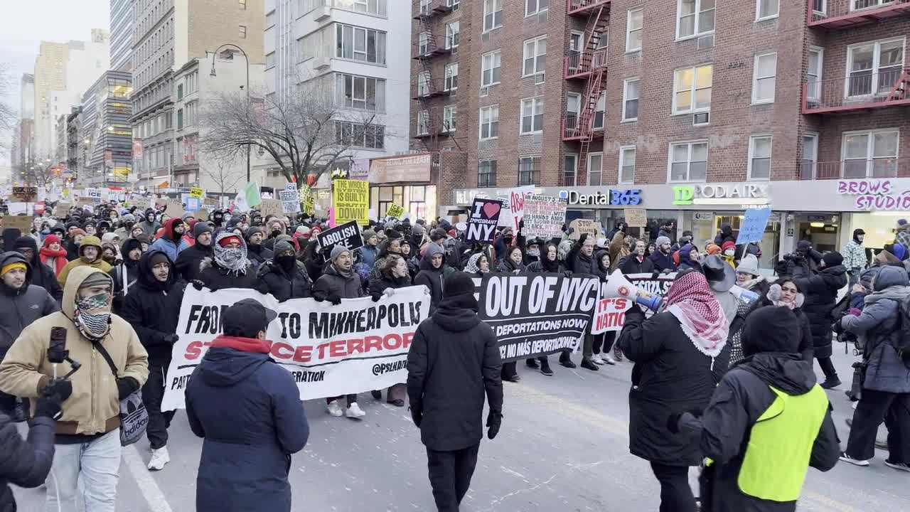 New York: Demonstrators march to decry fatal ICE shooting in Minneapolis