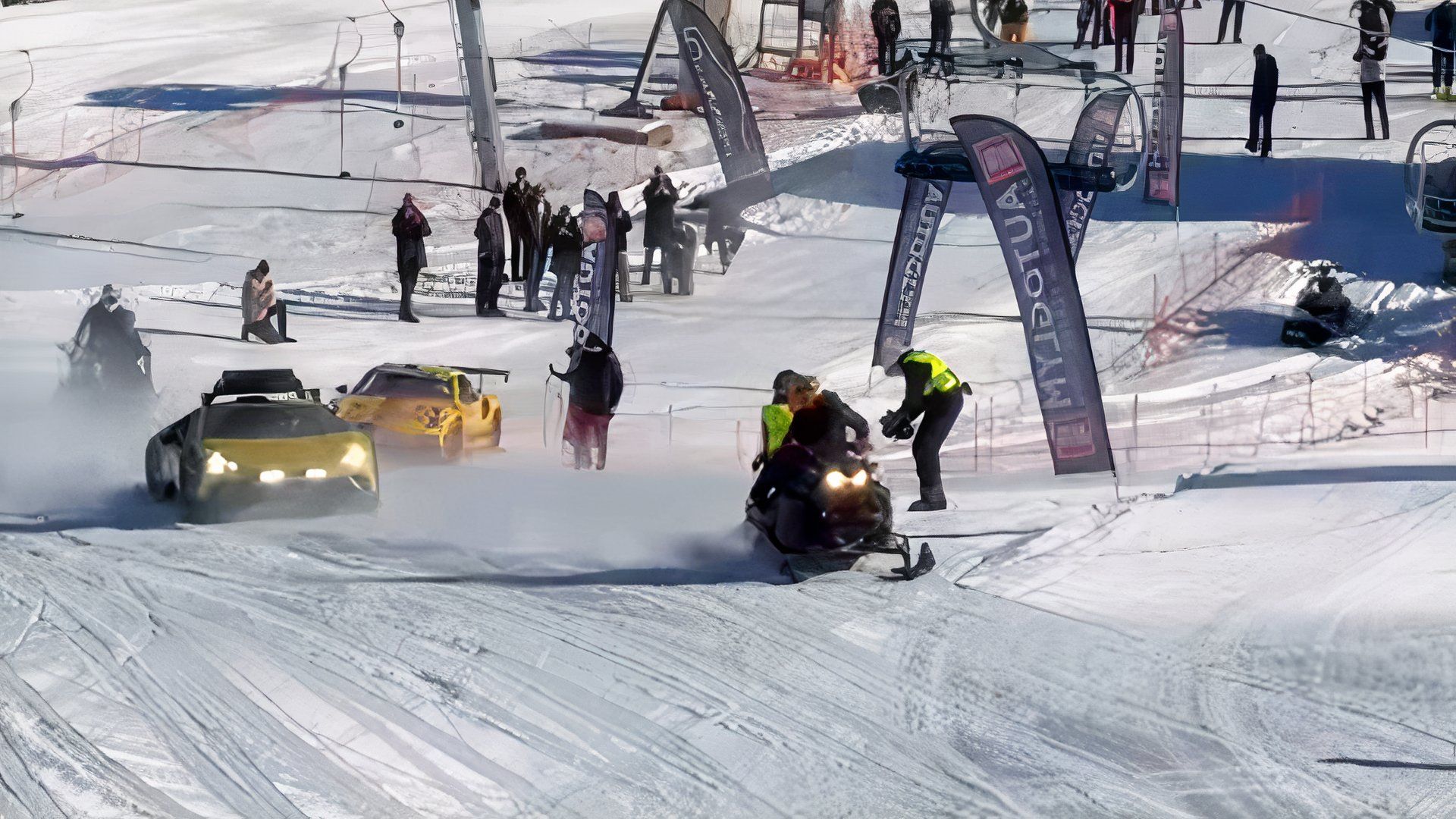 SLS rally drag races supercars up a ski slope