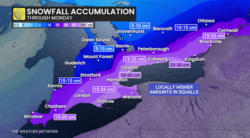 Disruptive snow, 20-30+ cm totals expected in southern Ontario