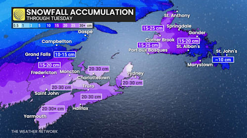 20-30+ cm of snow as long-duration storm hits Atlantic Canada