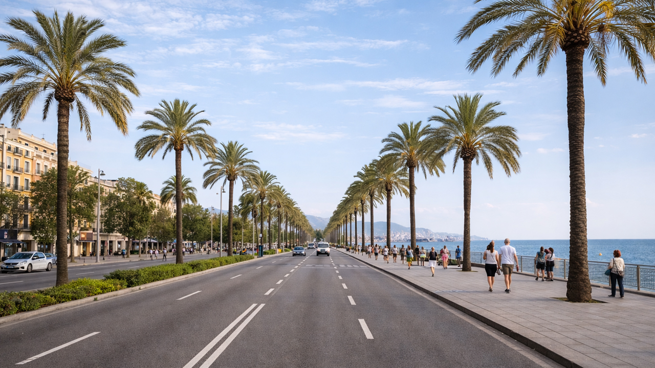 Seaside walk under palm trees in Nice