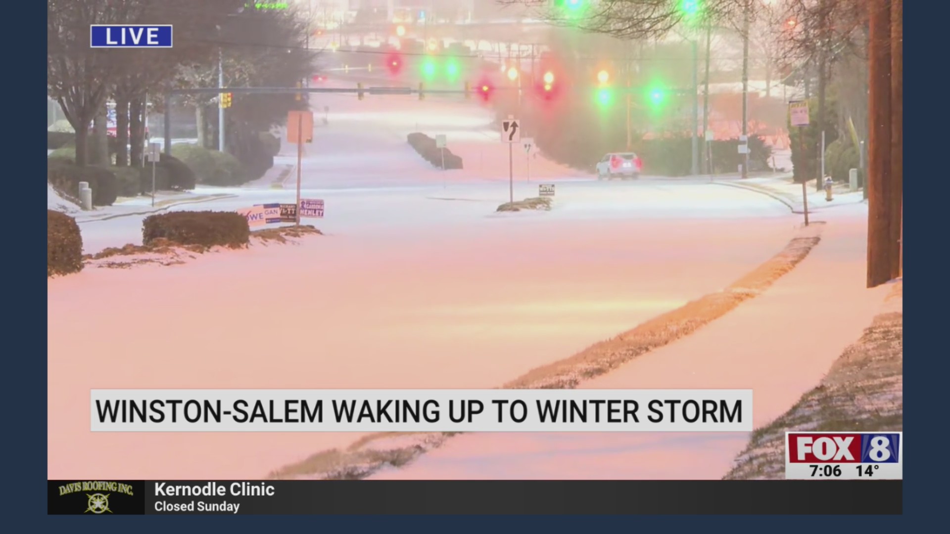 Live look at snowy, icy conditions in Winston-Salem on Sunday morning