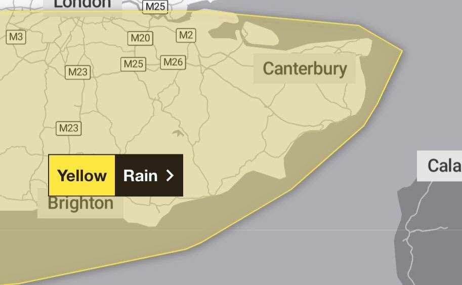 Rain weather warning covering all of Kent issued