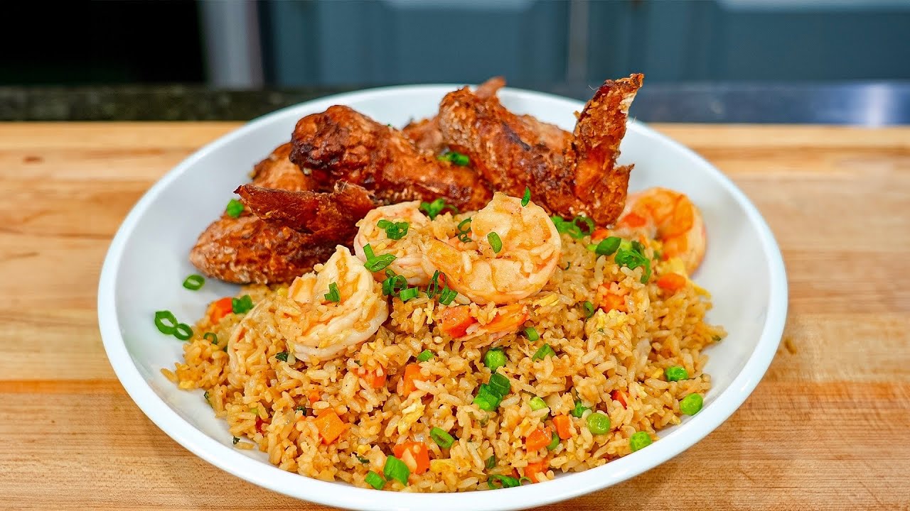 Chinese take-out style chicken wings and fried rice