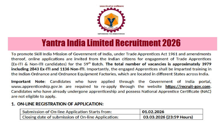 Yantra India Limited notification 2026 released for 3979 posts at ...