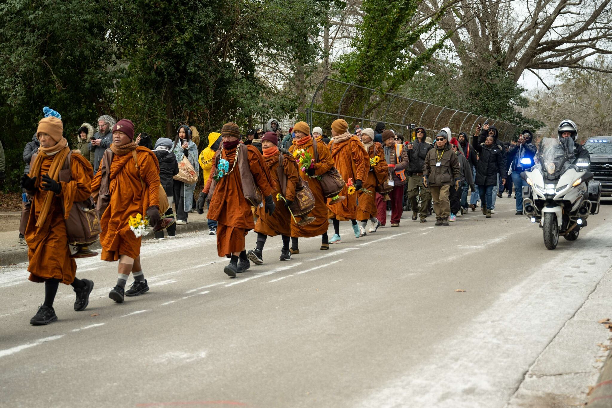 Buddhist monks brave major ice storm, continue peace walk through NC