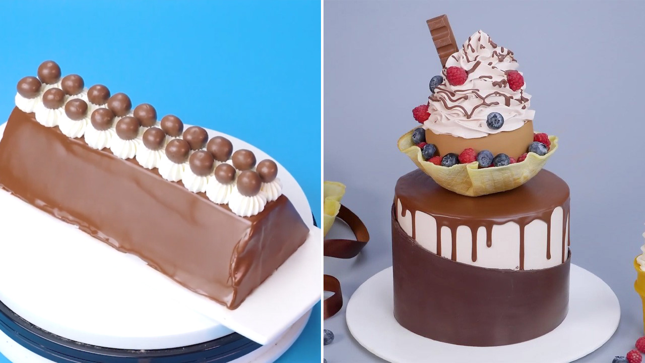 Chocolate bar cake with cream and crunchy balls