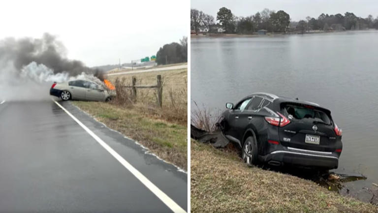 WFFR: Car catches fire after crash, separate car crashes near lake