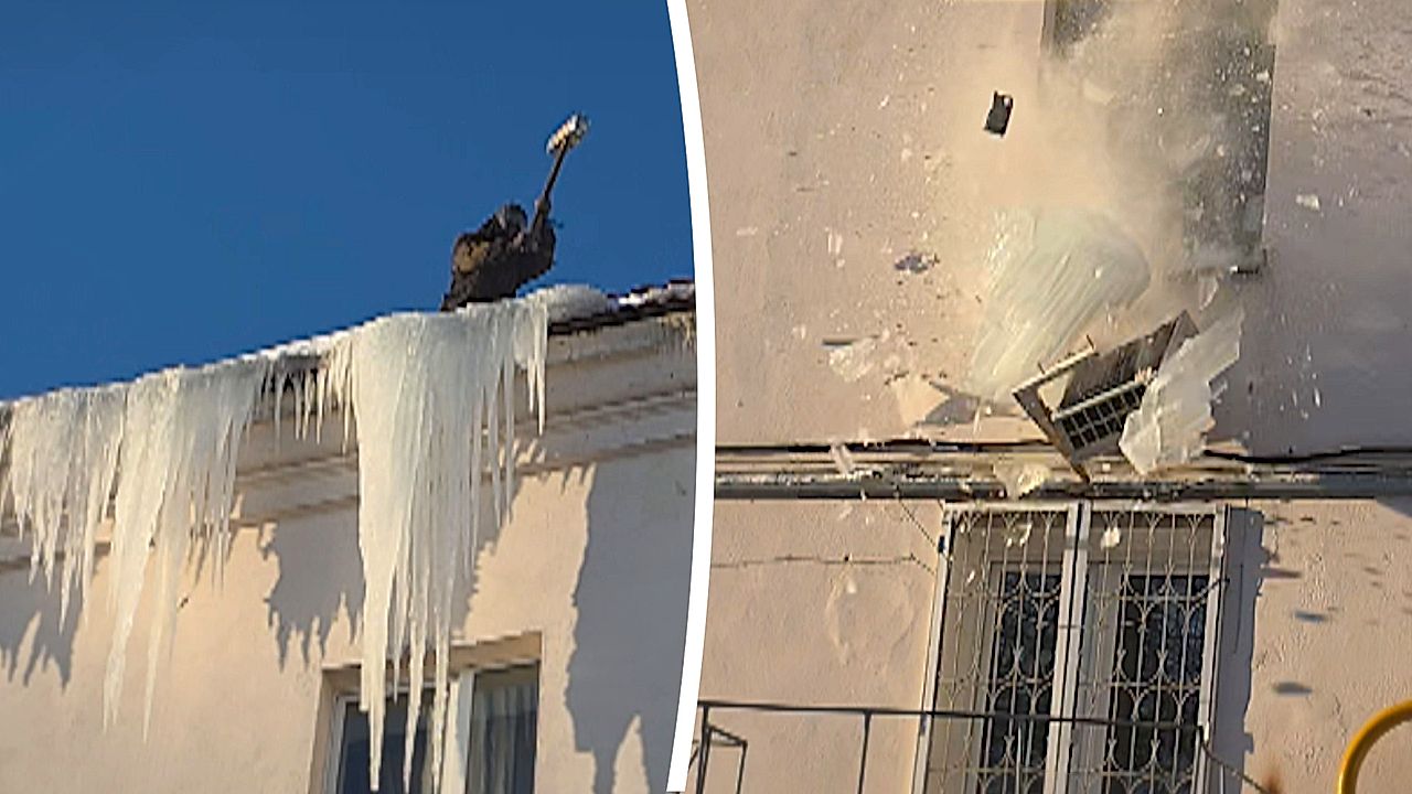 Thor-style hammer swings send falling ice destroying air conditioner