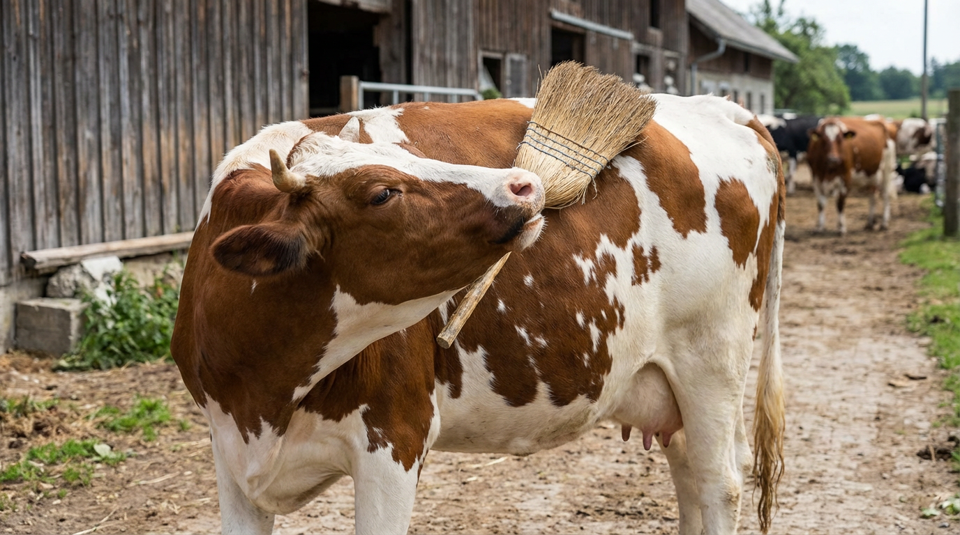 Cow picks up broom and the internet can't stop smiling