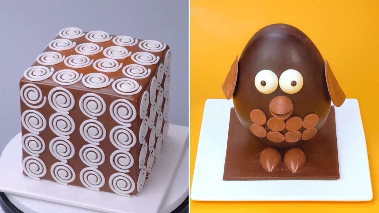 Chocolate cube cake with white swirl design